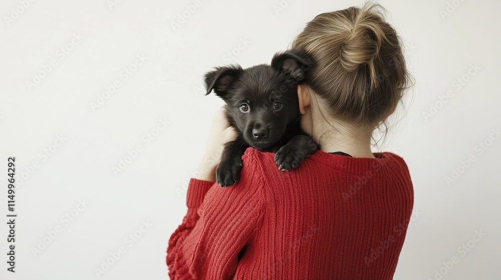 Foto de Stock Sideways shot of adult girl carries puppy which embraces ...