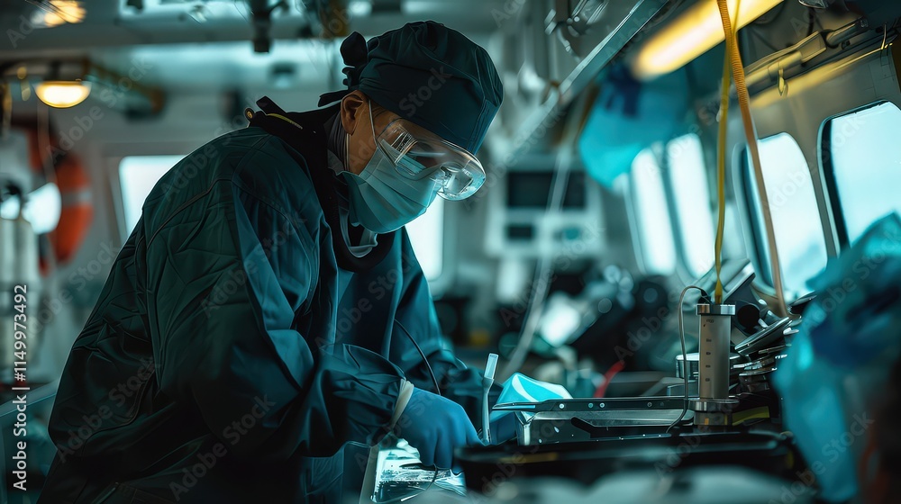 Surgeon performing a delicate procedure on a marine research vessel ...