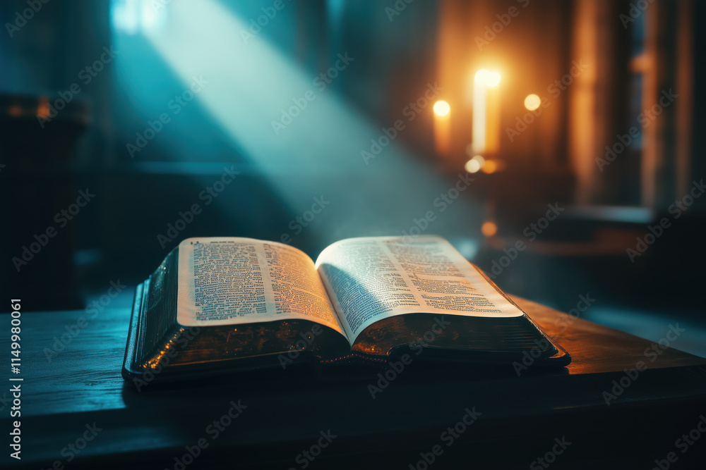 Open bible on church altar, candles glowing in darkness, holy light ...