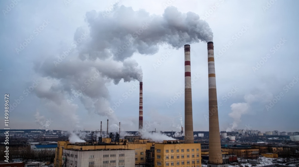 Steam billows from tall chimneys of a vast industrial complex under a ...