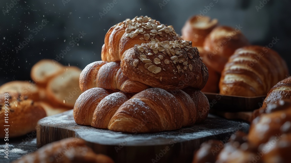 Assortment of different tasty baked bread for eating. Close up ...