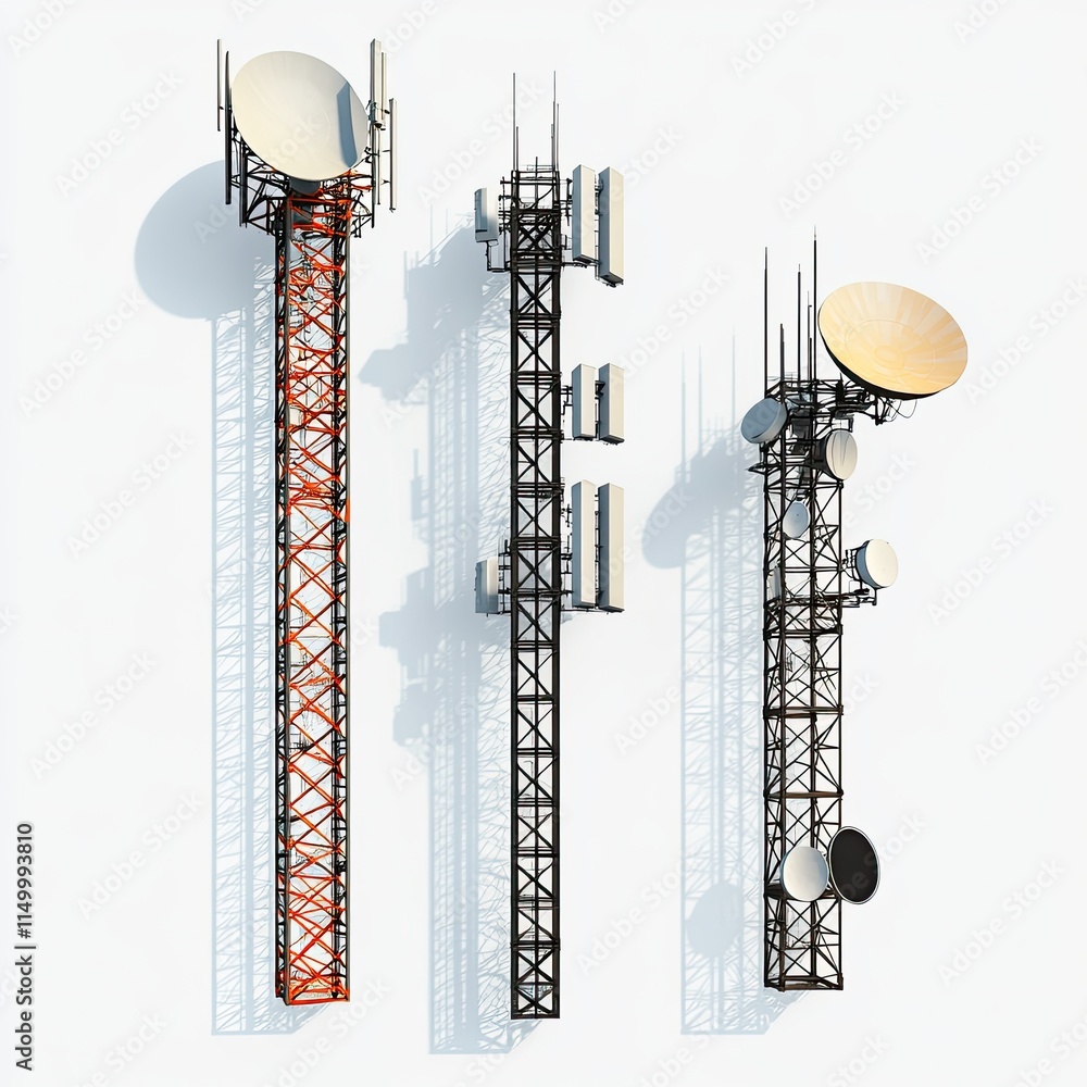 High-resolution, white background, 3D model of three different types of very tall communication ...