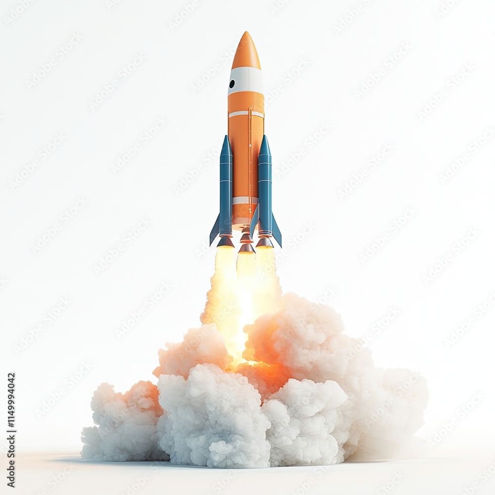Cute cartoon rocket icon, orange and white color scheme, white ...