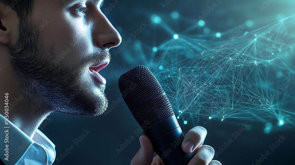 Close-Up Shot of a Young Man Singing into a Microphone with Digital ...