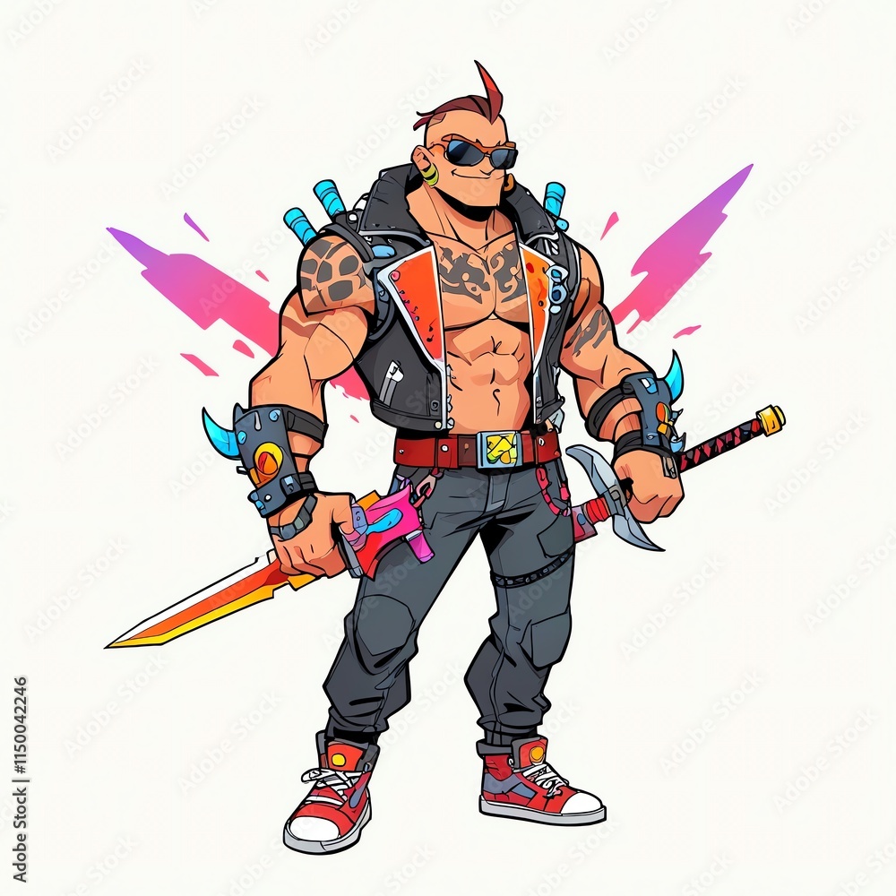 Cyberpunk Muscle-Bound Warrior: A vibrant illustration of a powerful ...