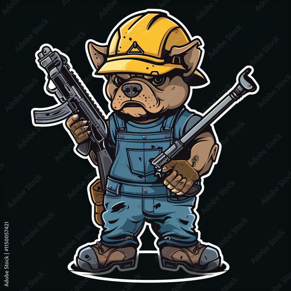 Cartoonstyle pit bull dog wearing hard hat holding wrench submachine ...