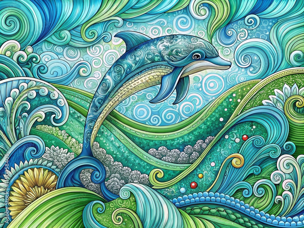 Zentangle Dolphin in Ocean Wave Coloring Page for Adults Stock ...