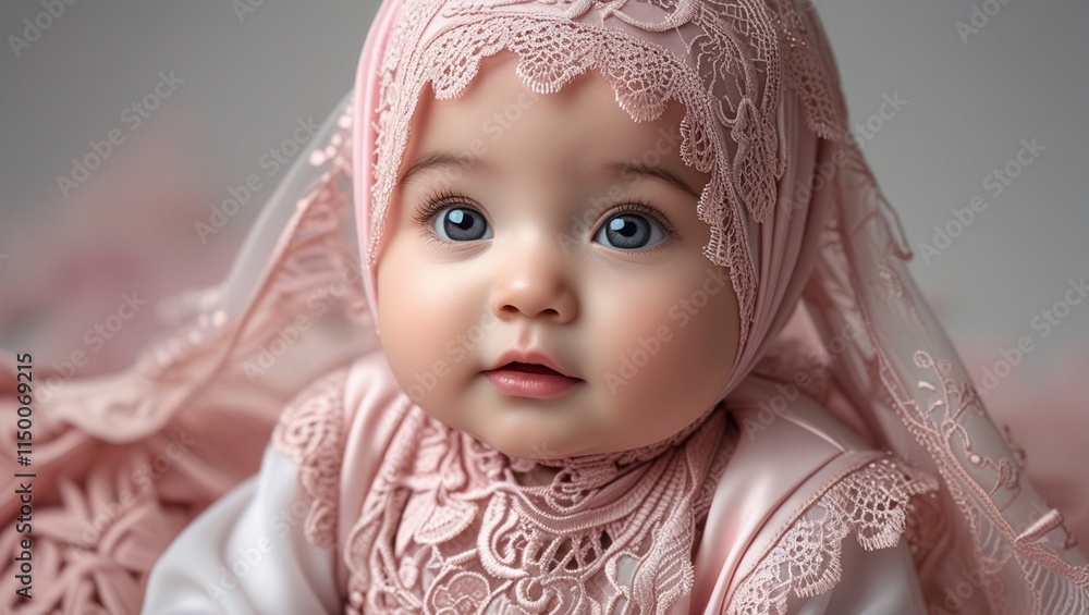 Baby portrait, soft pink hijab, innocent expression, big brown eyes ...