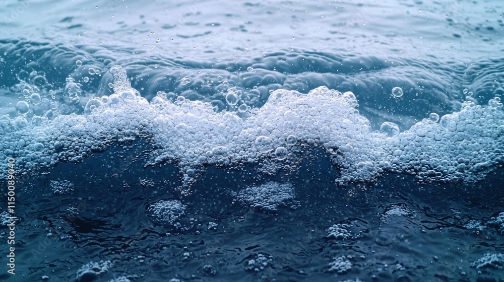 Breaking wave crashes as bubbles spread across ocean surface twirling ...