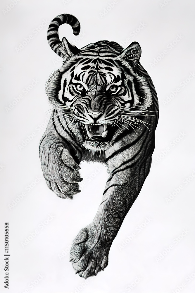 Full-body image of a tiger pouncing downwards, captured in an ...