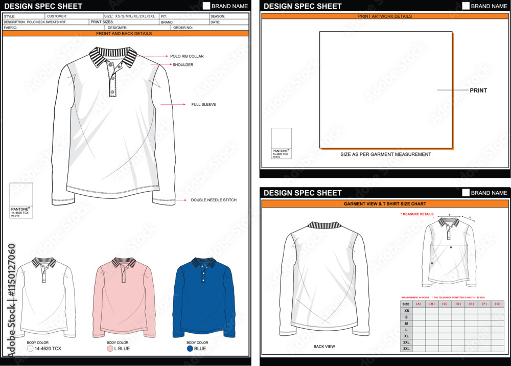 POLO NECK SWEATSHIRT EASY EDITABLE EMPTY TECHPACK MEASUREMENT LAYOUT TEMPLATE DESIGN Stock ...
