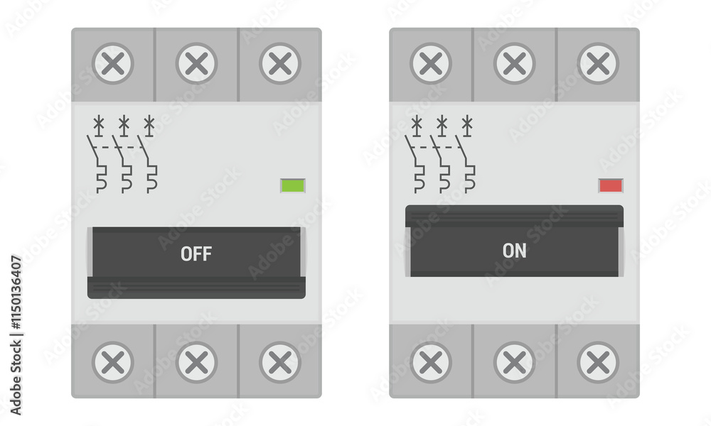 Miniature three pole circuit breakers. Set of MCB devices for a DIN ...