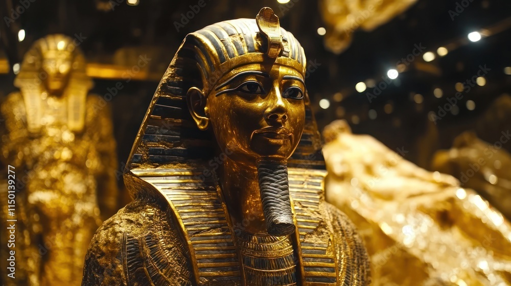Gold Egyptian pharaoh statue in museum exhibit. Stock Photo | Adobe Stock