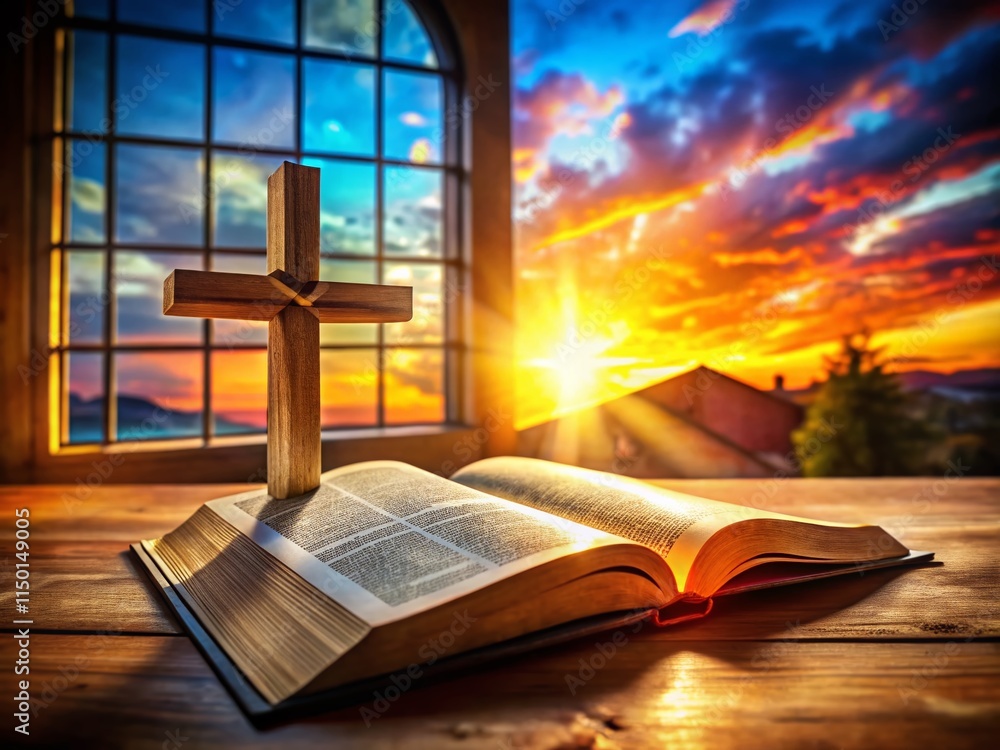 Open Bible, Cross & Sunset Stained Glass: Spiritual Faith & Scripture ...