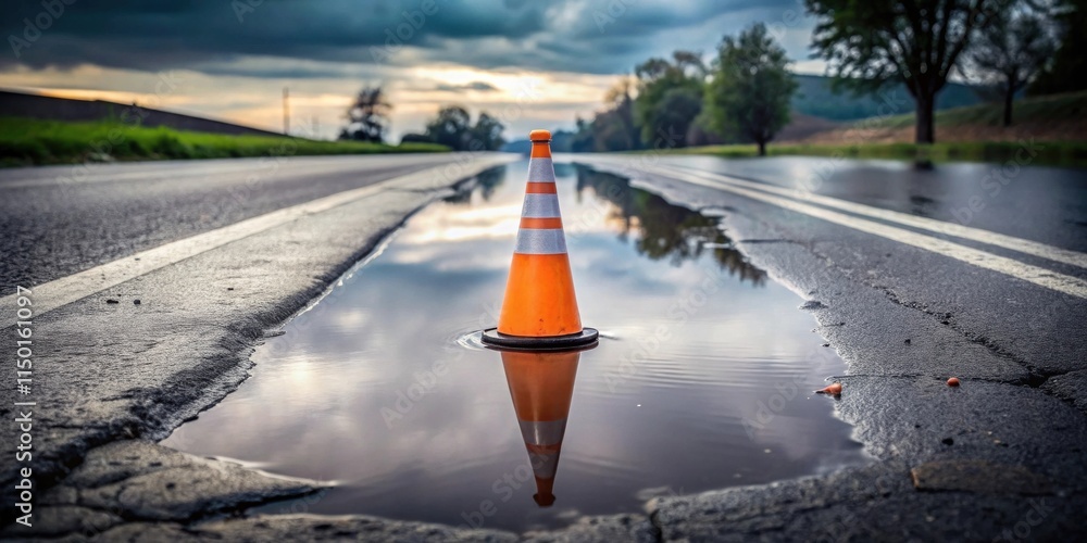 Orange traffic cone in a rain puddle on a damaged road surface ...