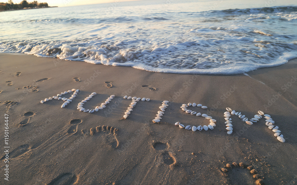 Autism word created with seashells on beach sand with child footprints ...