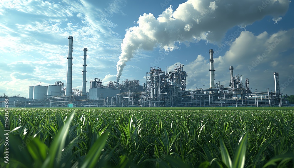 Industrial factory with smoke stacks releasing smoke, green field in ...