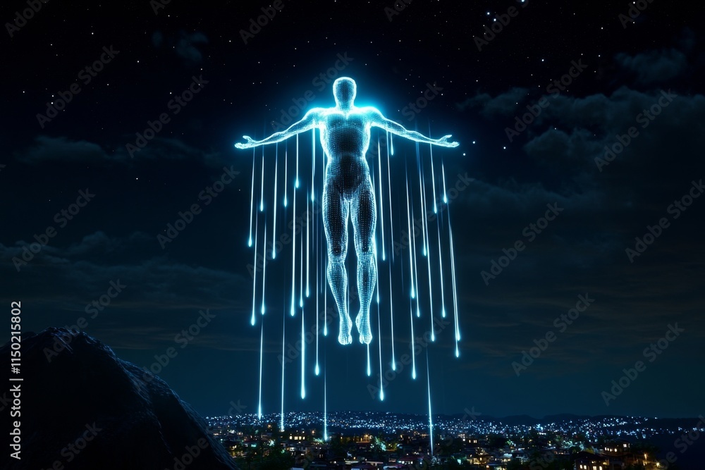 A pixel art depiction of a glowing god-like figure floating above a ...