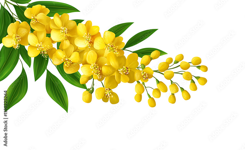 Golden Shower Cassia fistula Kani Konna flower with green leaves illustration without background ...