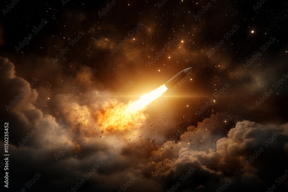 Rocket launches into space illuminating the night sky with fiery jets ...