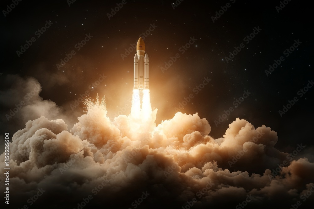 Rocket launch lights up the night sky with powerful flames and smoke in ...