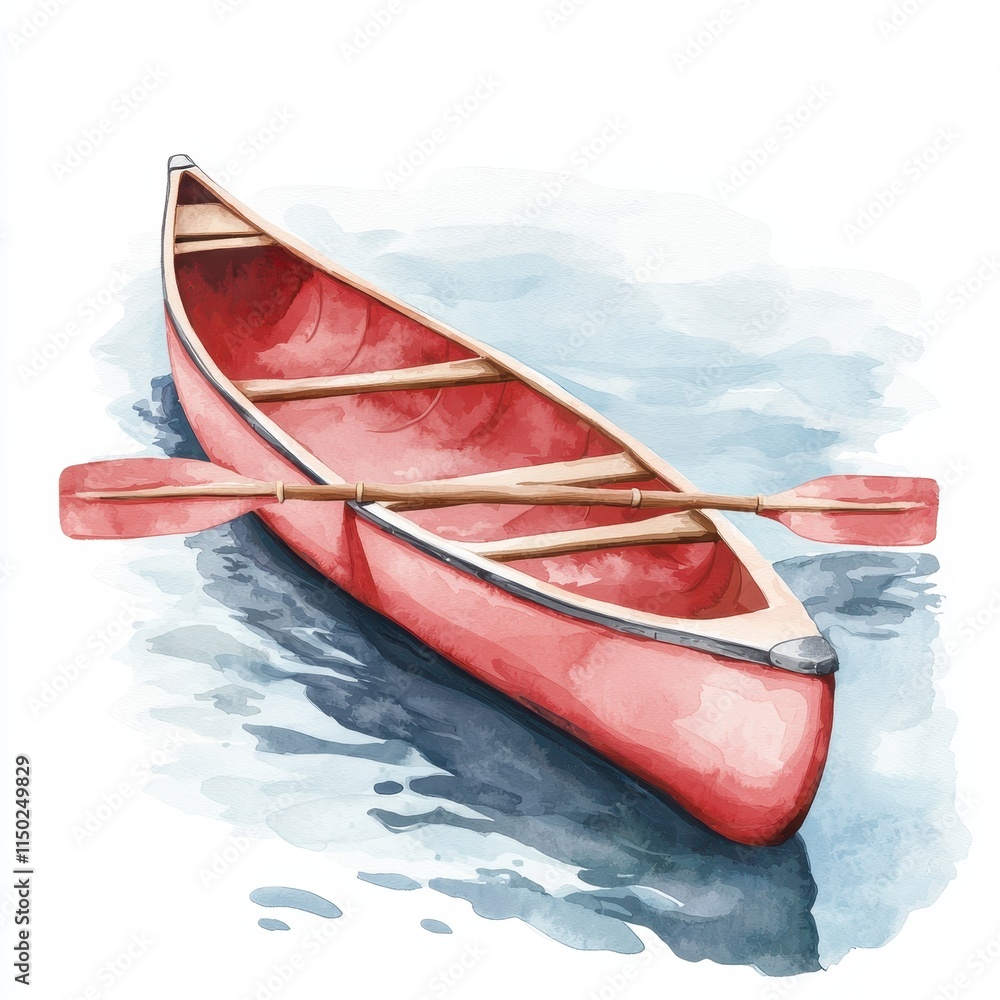 Red Canoe on Calm Water Watercolor Illustration Paddle Rowing Boating ...