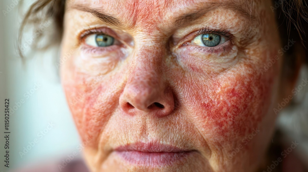 Photo Stock Closeup image of womans red facial rash caused by lupus ...