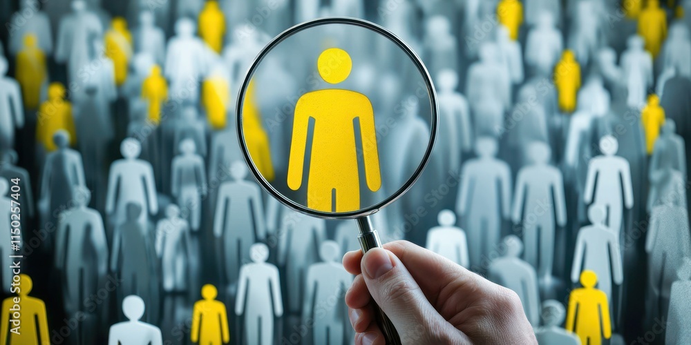 Hand holding magnifying glass over yellow people symbol among white ...
