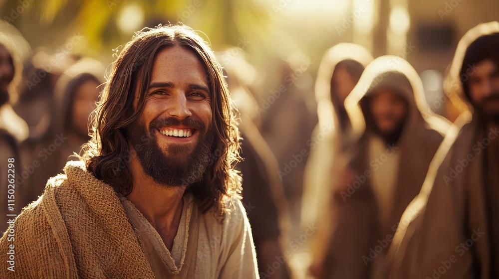 Picture Jesus joyfully smiling at his followers. Concept Religious Art ...