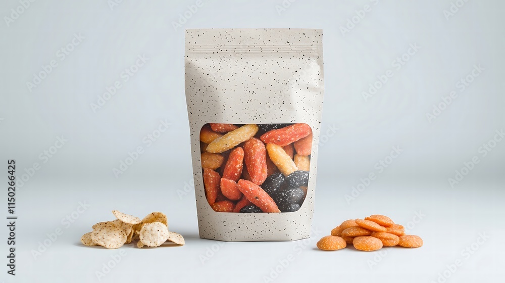 Mock-up of a modern food packaging design for snacks, featuring a sleek ...