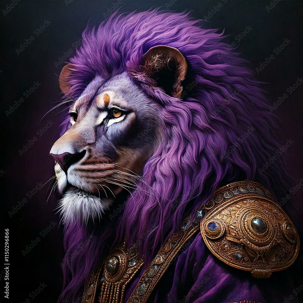 close-up photo of the purple lion king in battle armor. Generate Ai ...