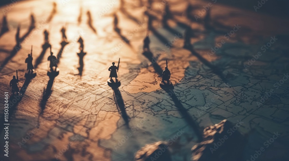 Close-up of detailed military strategy map with miniature soldiers and ...