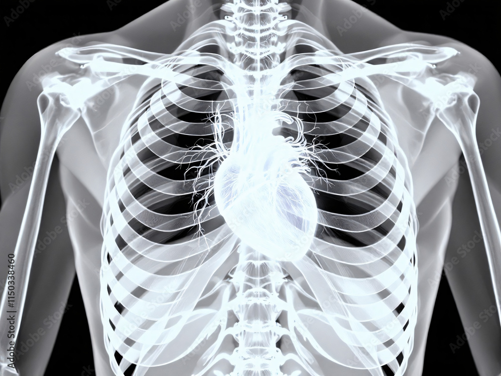 Glowing illustration of a human ribcage with heart and nerves ...