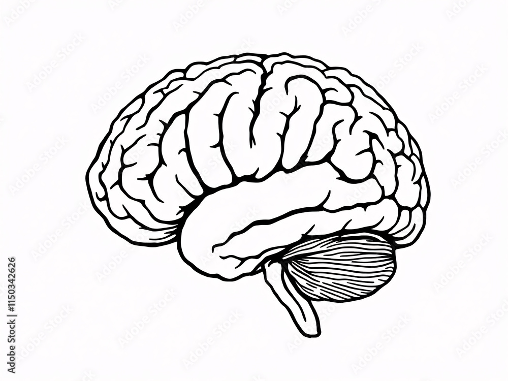 Black and white illustration of the human brain, side view, detailed ...