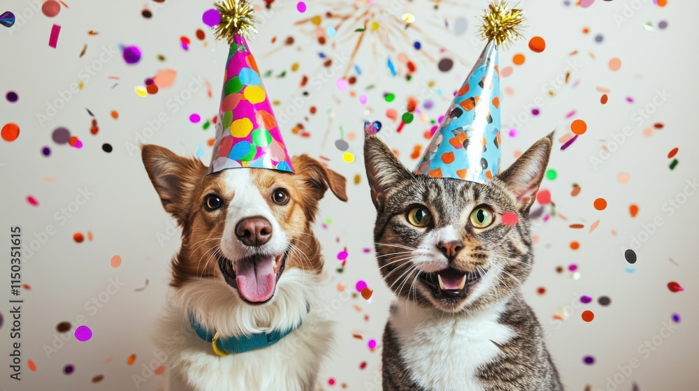 Happy dog and cat together celebrating New Year's Eve wearing party ...