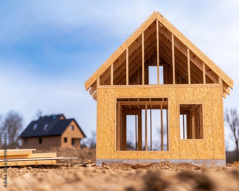 Blueprint overlay showing house framework, structural beams ...