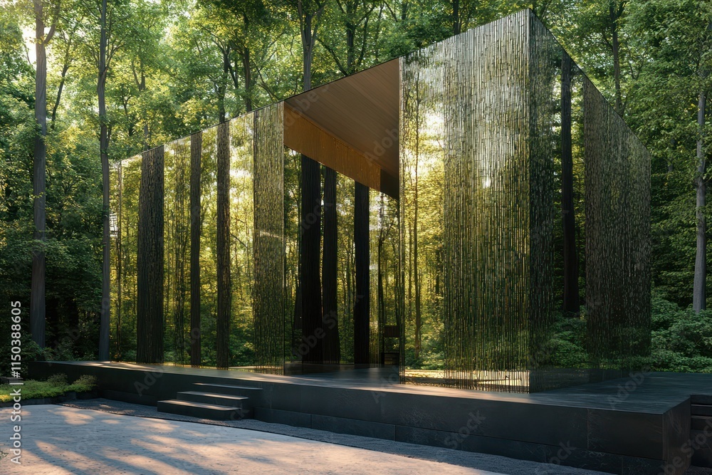 A modern forest retreat facade with walls of textured glass that mirror ...