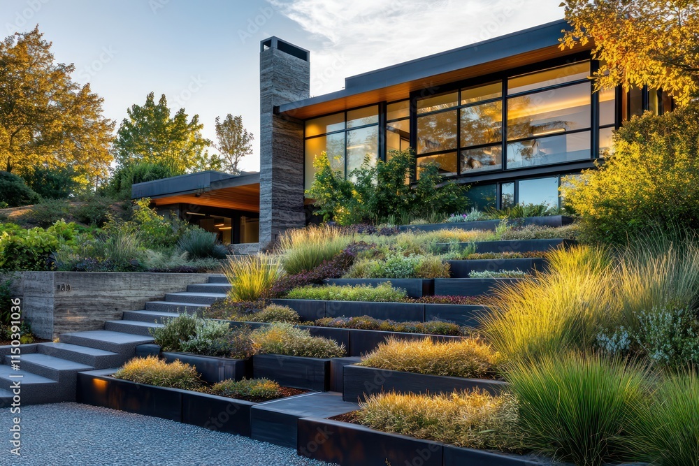 A modern home facade with a series of cascading terraces, each ...