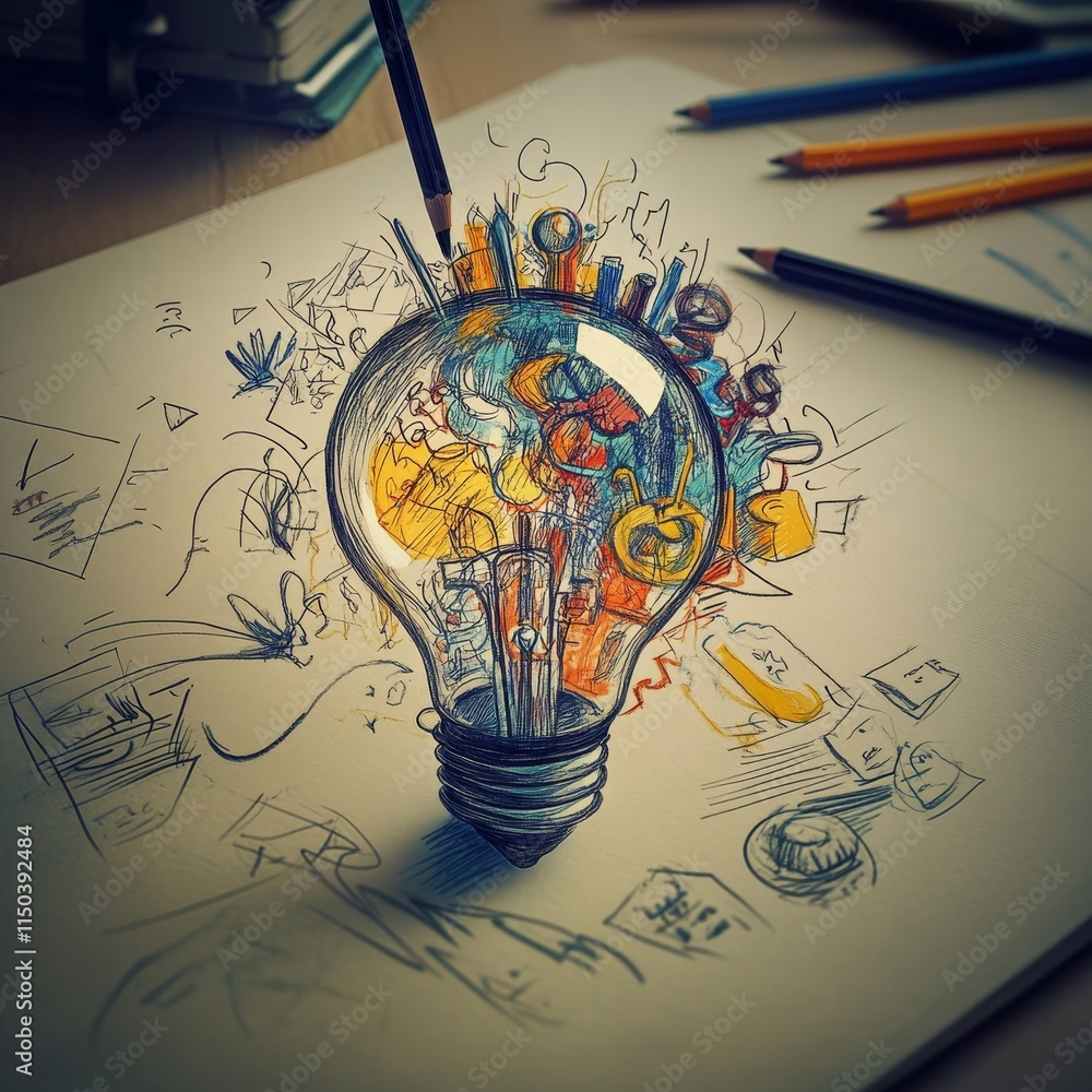 Creative Drawing of a Light Bulb Overflowing With Vibrant Ideas and ...