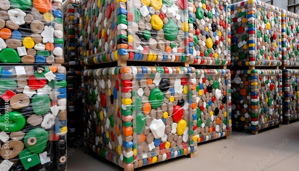Large bales of compressed plastic waste stacked in rows prepared for ...