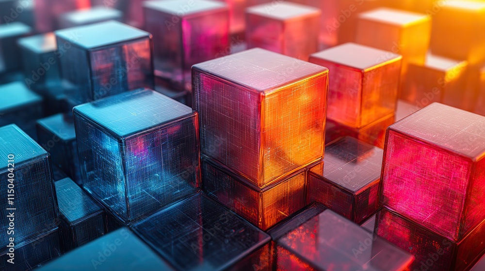 Graphic cubes and colors with a cloud server visualize blockchain ...