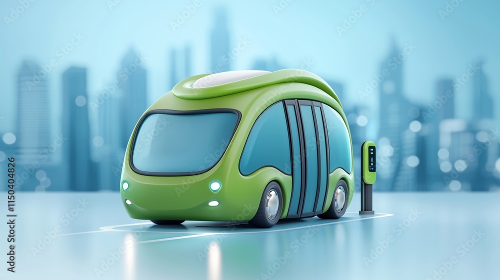 A modern, green electric bus stands in an urban setting, showcasing ...