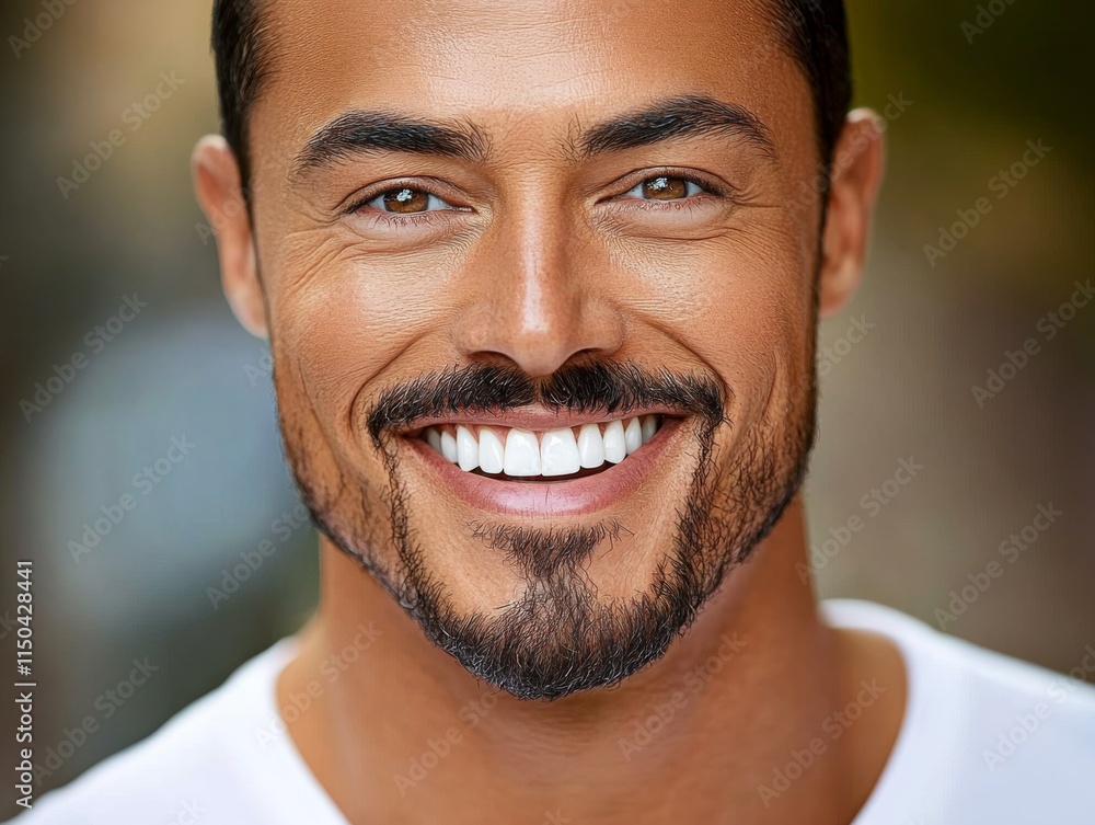 Smiling young man with teeth whitening on neutral backdrop showcases ...