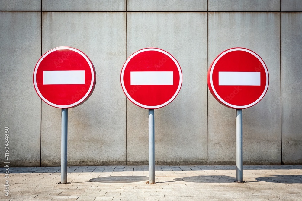 Three Red and White No Entry Signs in a Row: Prohibition Symbol Stock ...