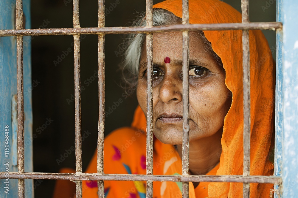 Senior indian woman wearing orange sari looking through prison bars ...