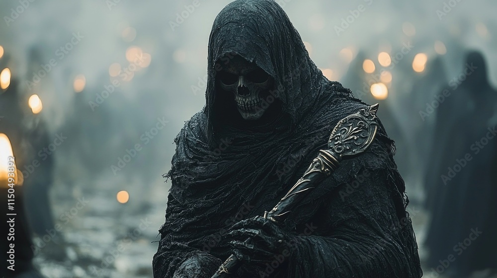 cloaked figure representing God of Death stands in foggy graveyard. His ...