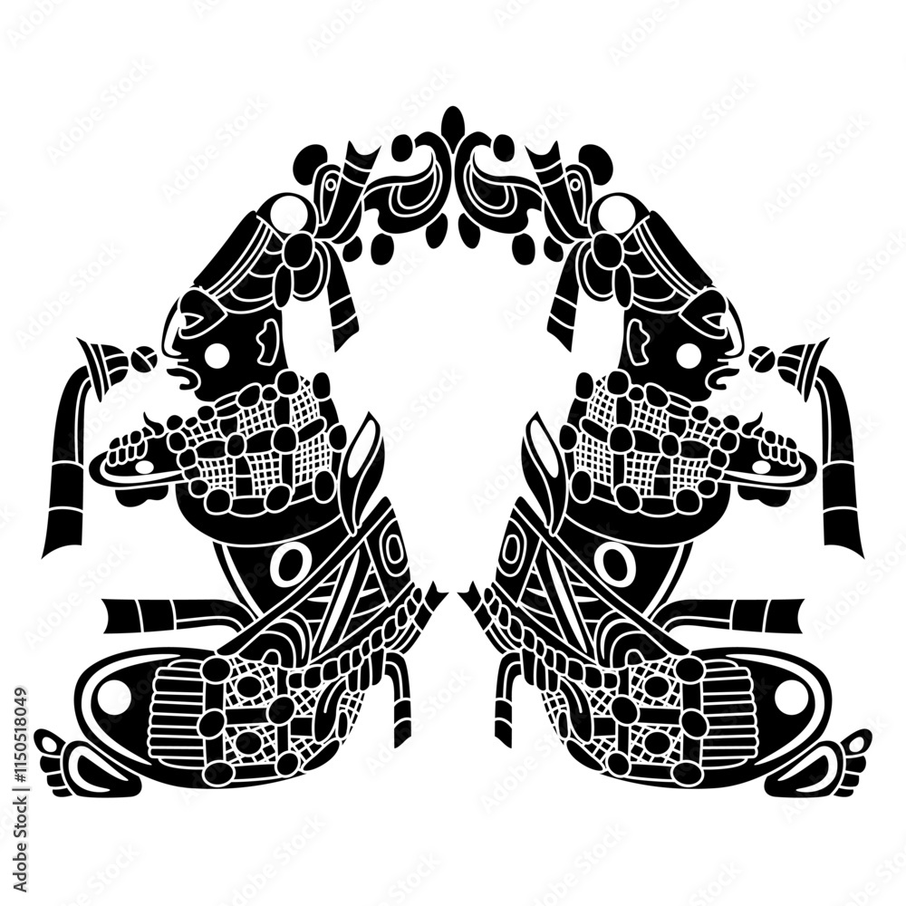 Symmetrical ethnic design with two seated Mayan men. Indigenous Native ...