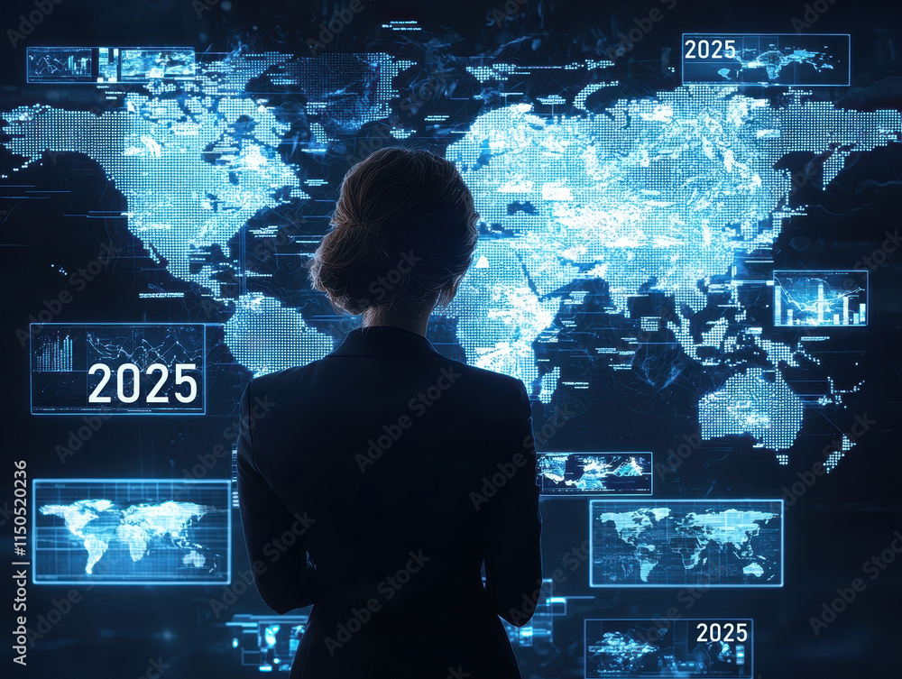 2025 Goal Setting Concept. A person observing a digital world map with ...