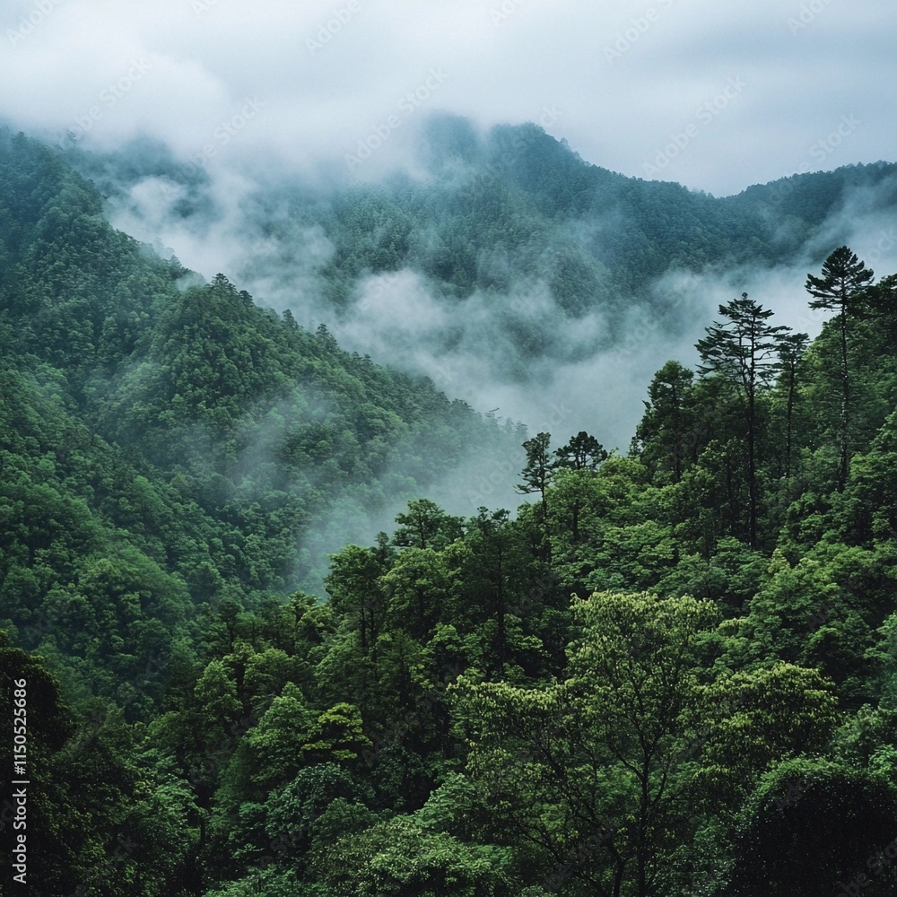Lush green mountains enveloped in mist create a serene atmosphere in a ...