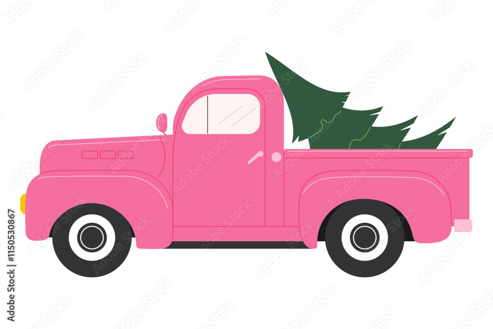 Pink retro pickup truck carrying Christmas tree. Vector illustration ...
